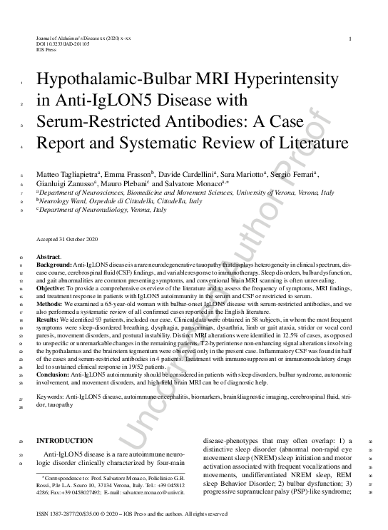 (PDF) Hypothalamic-Bulbar MRI Hyperintensity in Anti-IgLON5 Disease ...