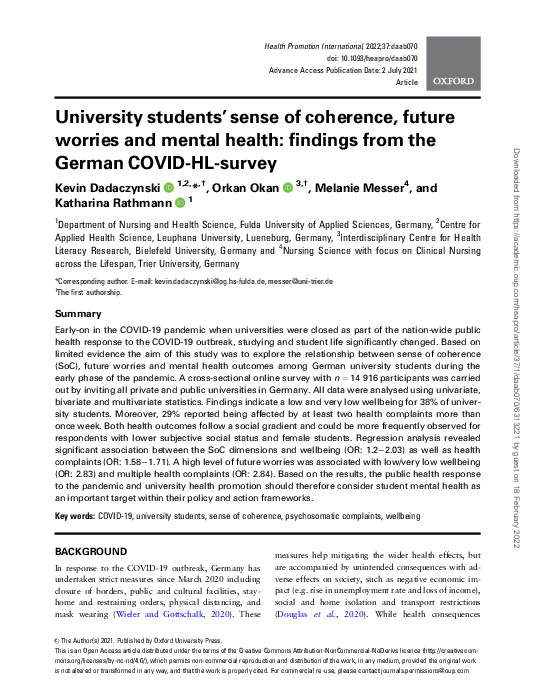(PDF) University students’ sense of coherence, future worries and ...