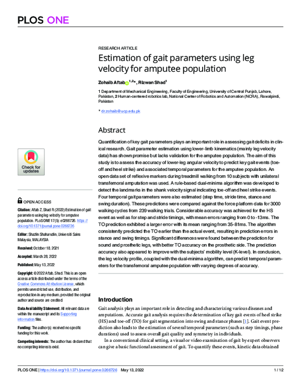 (PDF) Estimation of gait parameters using leg velocity for amputee population
