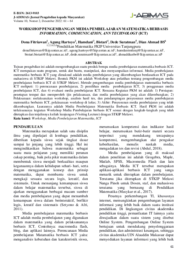 (PDF) Workshop Pengembangan Media Pembelajaran Matematika Berbasis Information, Communication ...