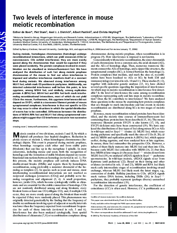 (PDF) Two levels of interference in mouse meiotic recombination