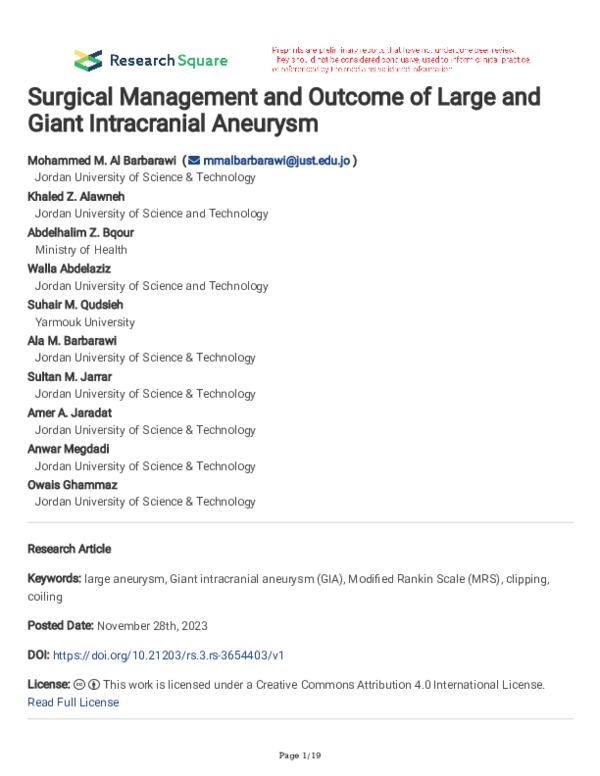 (PDF) Surgical Management and Outcome of Large and Giant Intracranial ...