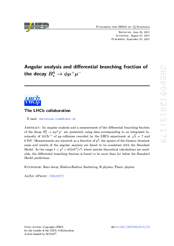 (PDF) Angular analysis and differential branching fraction of the decay B s 0 → ϕμ + μ −