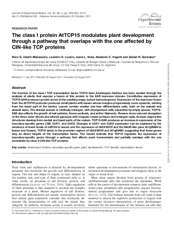 (PDF) The class I protein AtTCP15 modulates plant development through a ...
