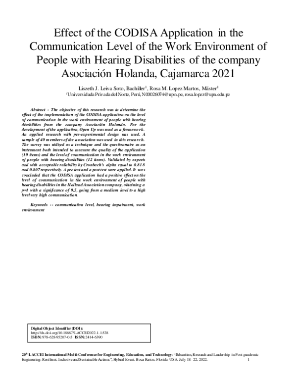 (PDF) Effect of the CODISA Application in the Communication Level of the Work Environment of ...