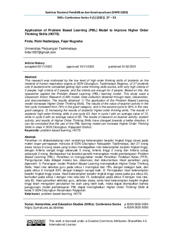 (PDF) Application of Problem Based Learning (PBL) Model to Improve Higher Order Thinking Skills ...