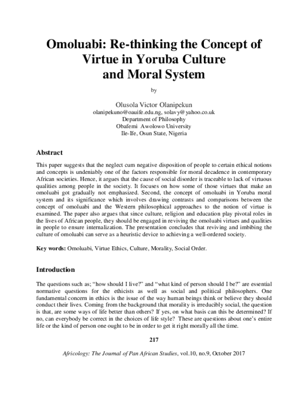 (PDF) Omoluabi: Re-Thinking the Concept of Virtue in Yoruba Culture and ...