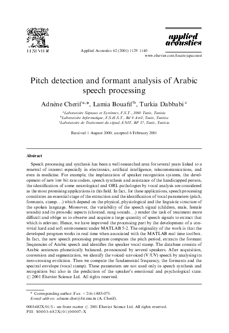 (PDF) Pitch detection and formant analysis of Arabic speech processing