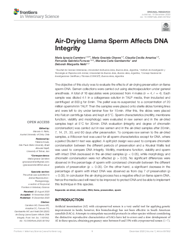 (PDF) Air-Drying Llama Sperm Affects DNA Integrity | María Ignacia ...