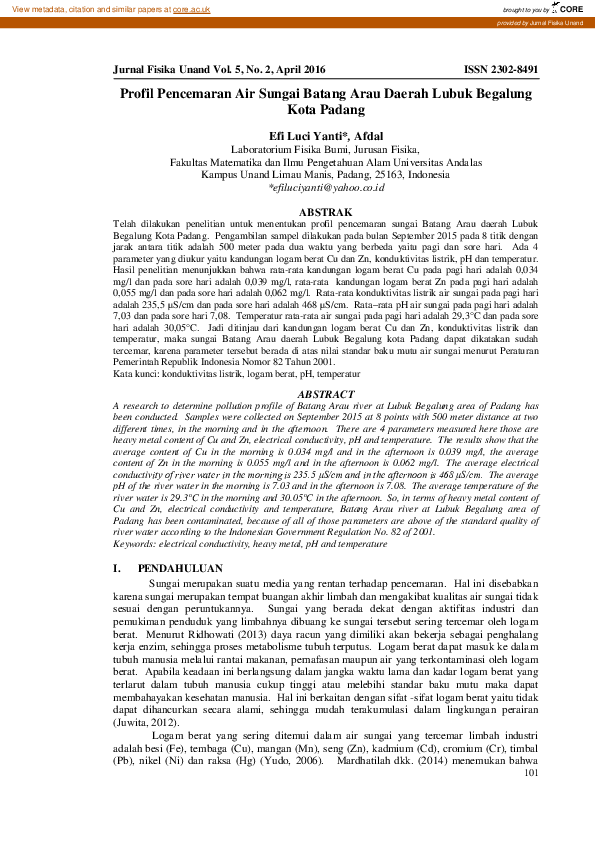 (PDF) Profil Pencemaran Air Sungai Batang Arau Daerah Lubuk Begalung Kota Padang