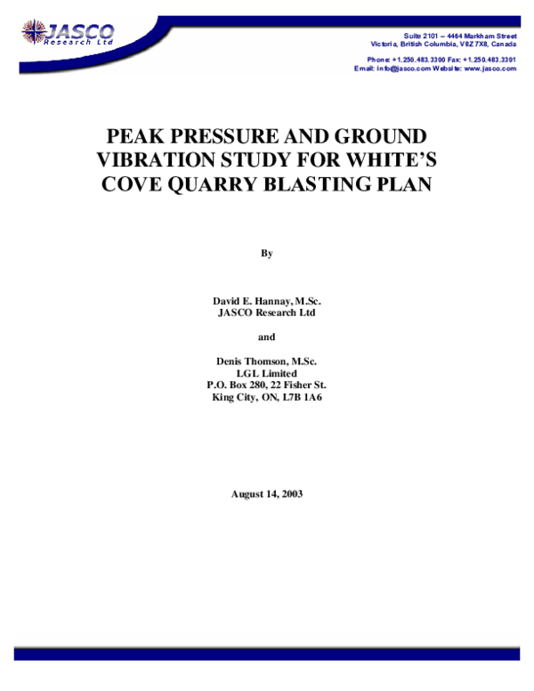 (PDF) Peak Pressure and Ground Vibration Study for White's Cove Quarry Blasting Plan