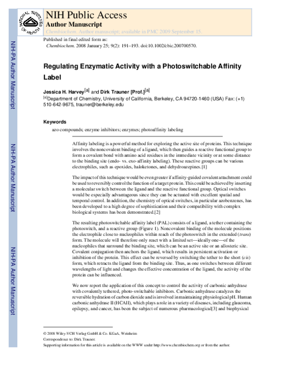(PDF) Regulating Enzymatic Activity with a Photoswitchable Affinity Label