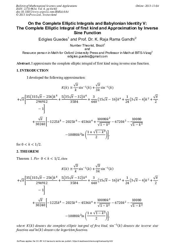 (PDF) On the Complete Elliptic Integrals and Babylonian Identity V: The ... (PDF) On the Complete Elliptic Integrals and Babylonian Identity V: The ...