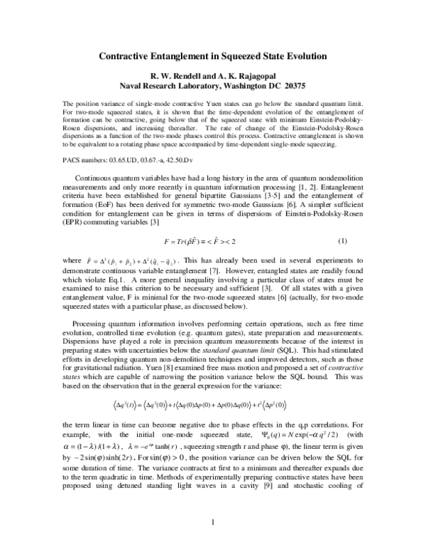 (PDF) Contractive Entanglement in Squeezed State Evolution