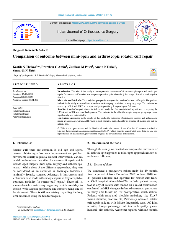 (PDF) Comparison of outcome between mini-open and arthroscopic rotator cuff repair | Zulfikar M ...