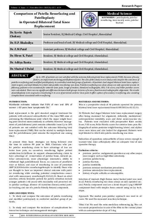 (PDF) Comparison of Patella Resurfacing and Patelloplasty in Operated ...
