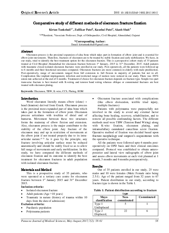 (PDF) Comparative study of different methods of olecranon fracture fixation