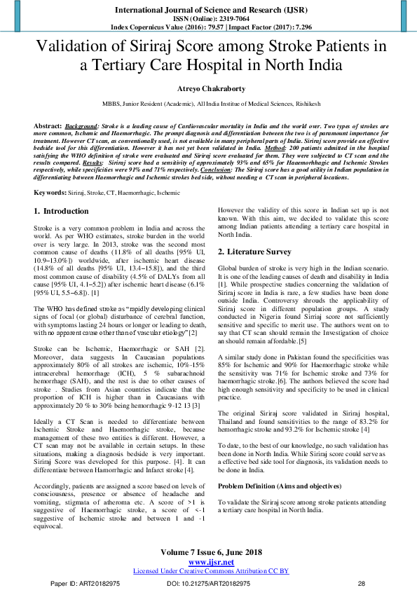 (PDF) Validation of Modified siriraj score among stroke patients in a Tertiary care hospital in ...