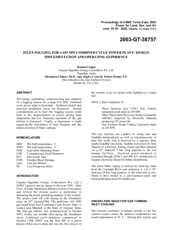 (PDF) Inlet Fogging for a 655 MW Combined Cycle Power Plant: Design ...