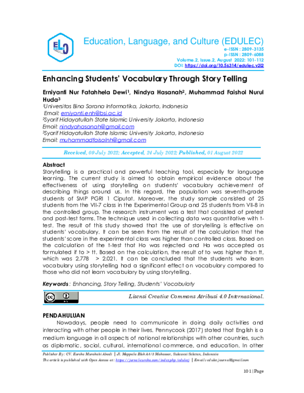 (PDF) Enhancing Students’ Vocabulary Through Story Telling