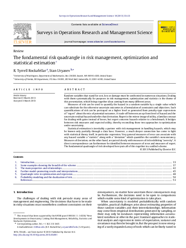 (PDF) The fundamental risk quadrangle in risk management, optimization ...