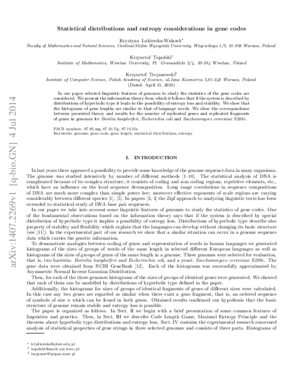 Pdf Statistical Distributions And Entropy Considerations In Gene Codes