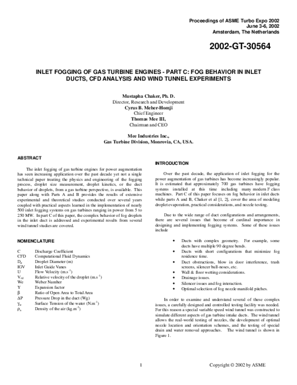 (PDF) Inlet Fogging of Gas Turbine Engines: Part C — Fog Behavior in ...