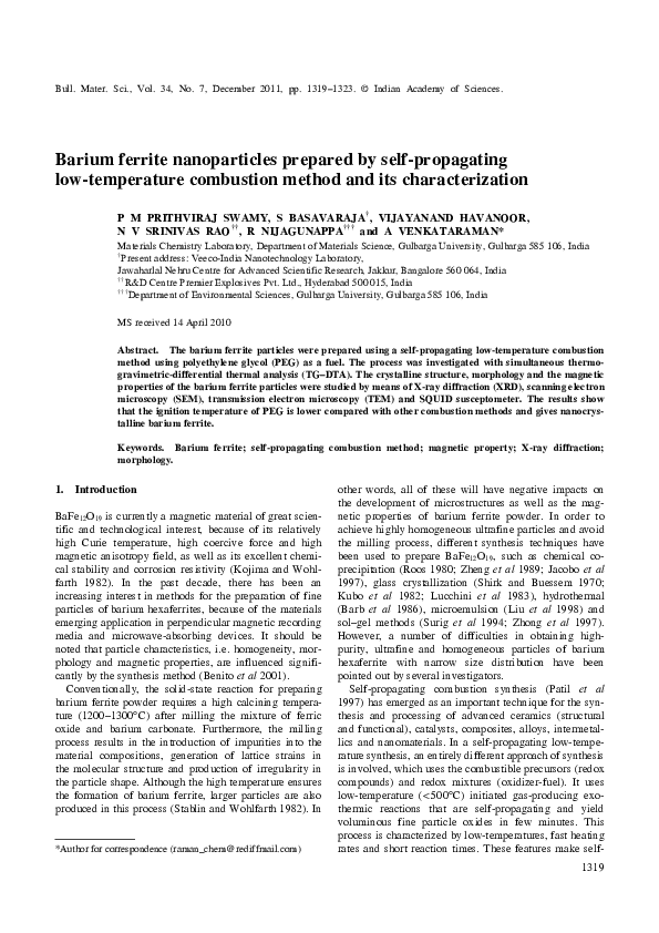 (PDF) Barium ferrite nanoparticles prepared by self-propagating low ...
