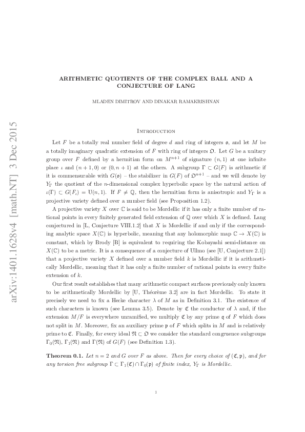(PDF) Arithmetic Quotients of the Complex Ball and a Conjecture of Lang