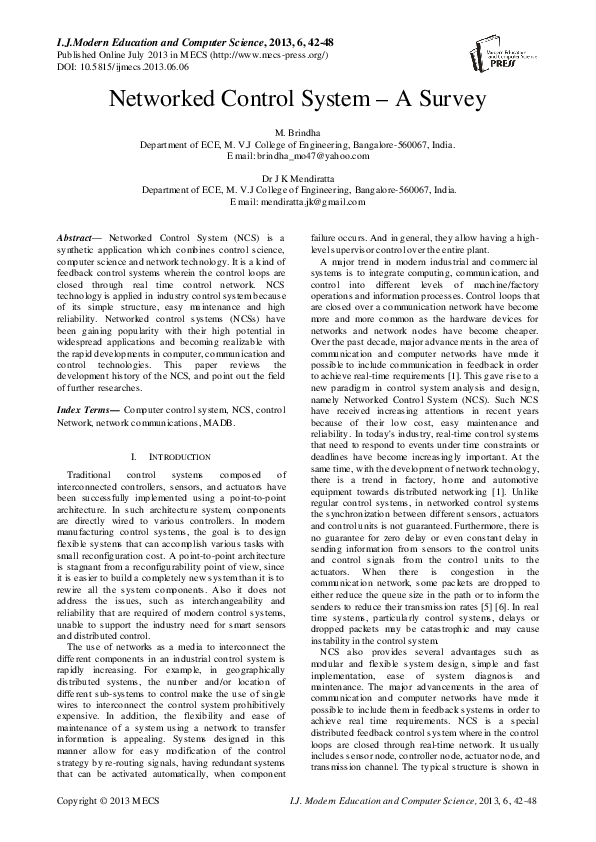 (PDF) Networked Control System – A Survey