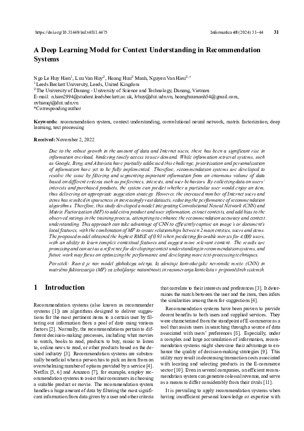 (PDF) A Deep Learning Model for Context Understanding in Recommendation Systems