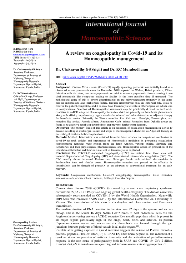 (PDF) A review on coagulopathy in Covid-19 and its Homoeopathic management