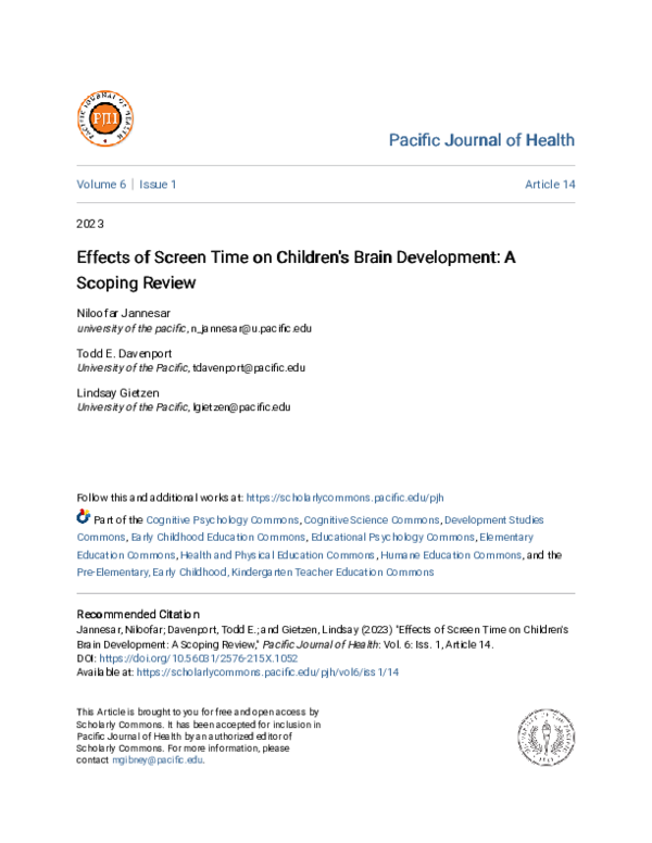 (PDF) Effects of Screen Time on Children's Brain Development: A Scoping Review