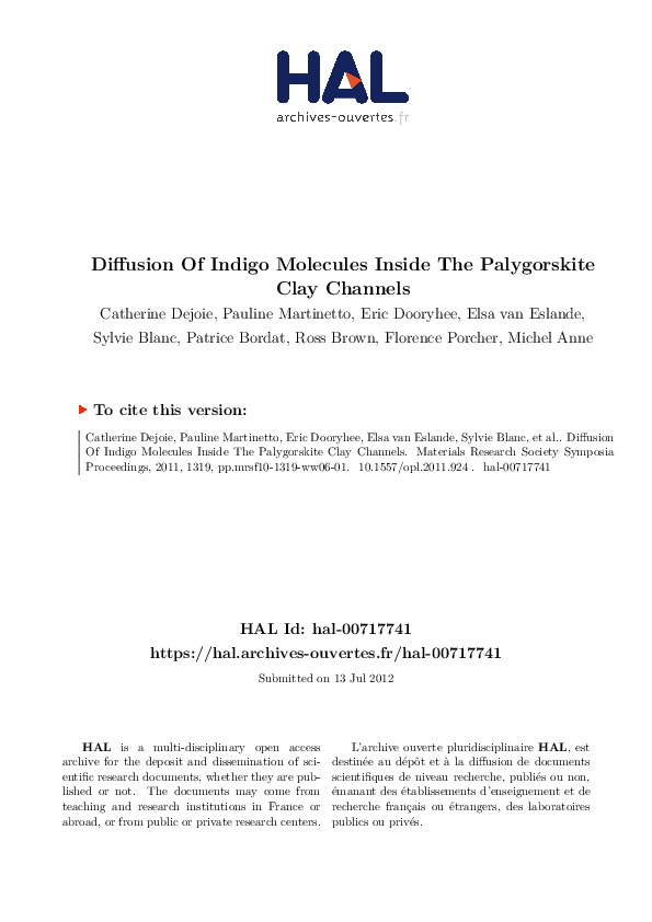 (PDF) Diffusion Of Indigo Molecules Inside The Palygorskite Clay Channels