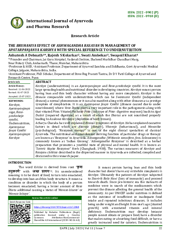 (PDF) The Bruhaniya Effect of Ashwagandha Rasayan in Management of ...