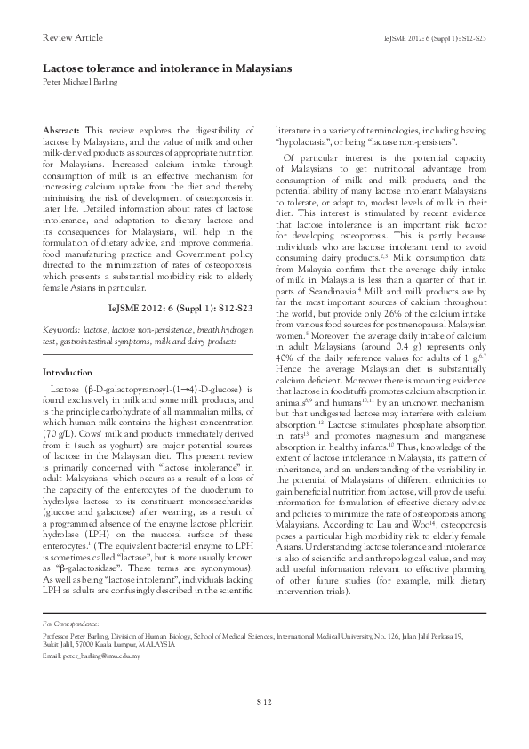(PDF) Lactose tolerance and intolerance in Malaysians