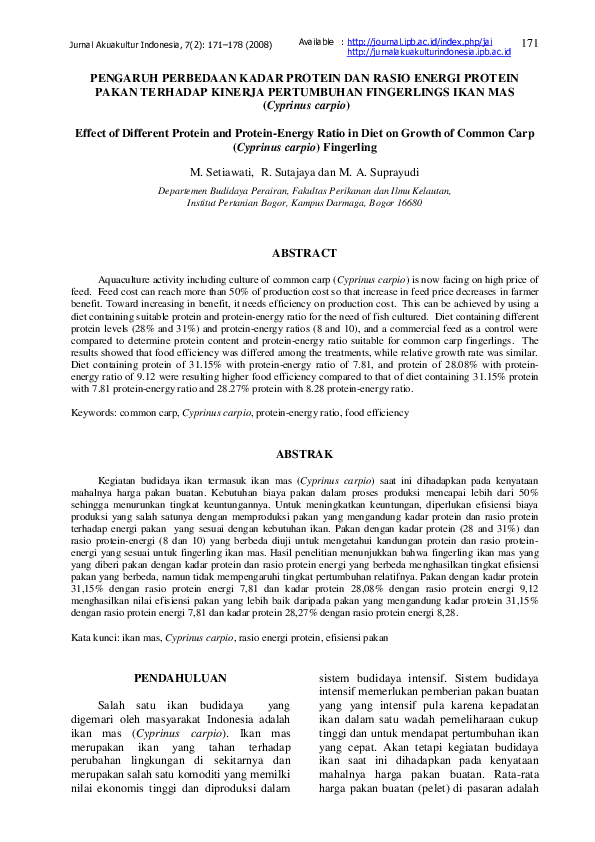 (PDF) PENGARUH PERBEDAAN KADAR PROTEIN DAN RASIO ENERGI PROTEIN PAKAN ...