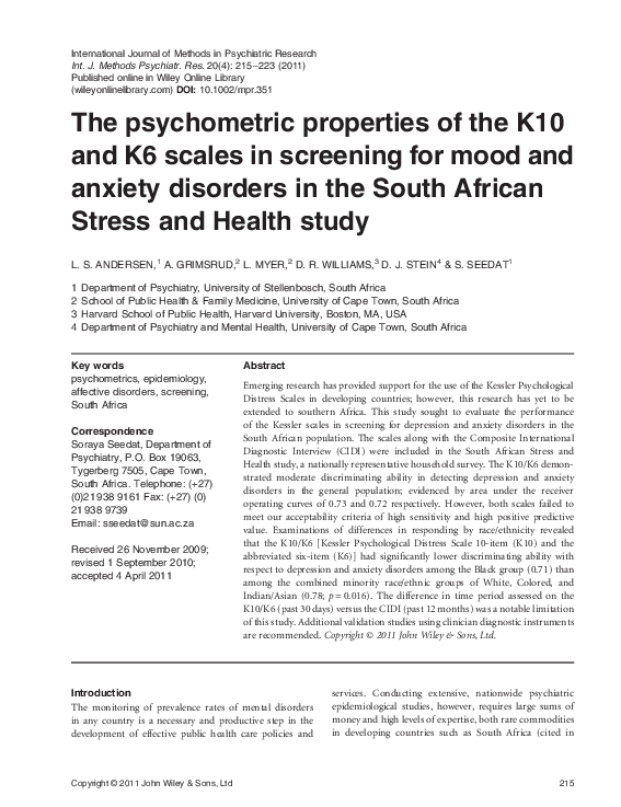 (PDF) The psychometric properties of the K10 and K6 scales in screening ...