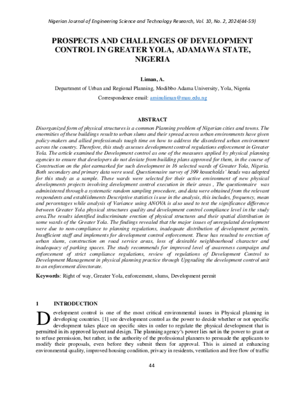 (PDF) PROSPECTS AND CHALLENGES OF DEVELOPMENT CONTROL IN GREATER YOLA ...