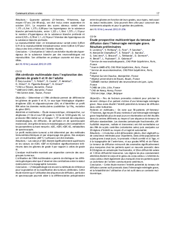 (PDF) Étude prospective multicentrique du tenseur de diffusion dans l ...