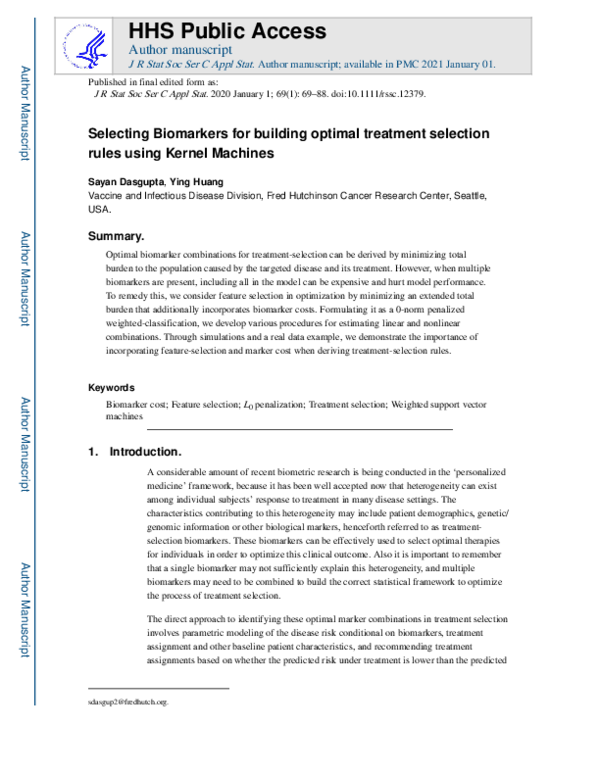 (PDF) Selecting Biomarkers for Building Optimal Treatment Selection Rules by Using Kernel Machines