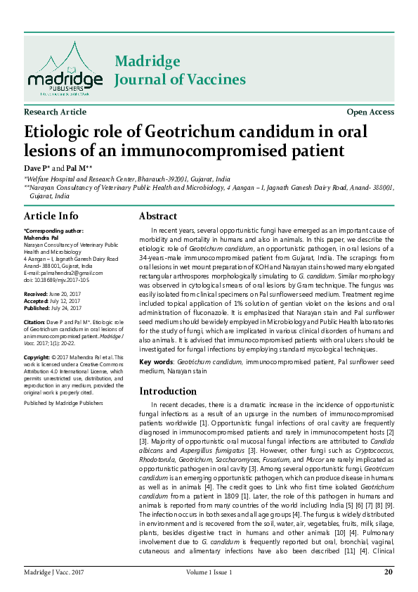(PDF) Etiologic role of Geotrichum candidum in oral lesions of an ...