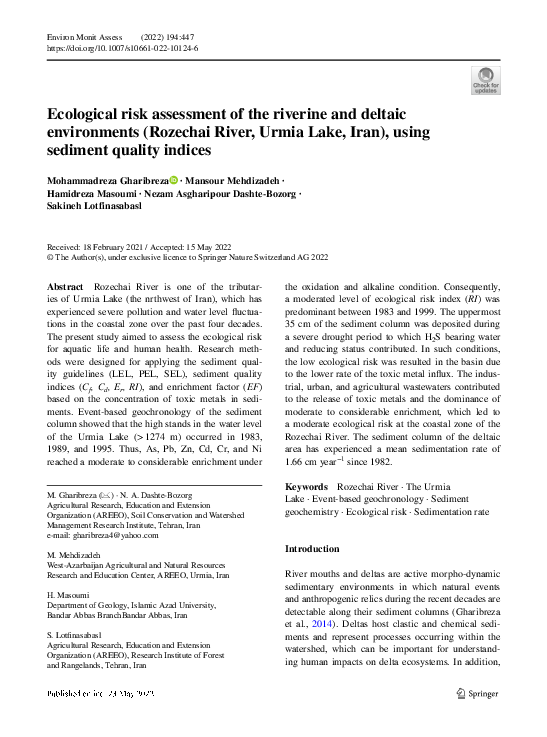 (PDF) Ecological risk assessment of the riverine and deltaic environments (Rozechai River, Urmia ...