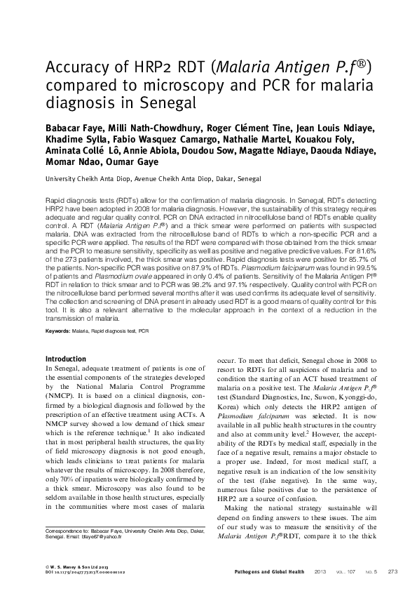 (PDF) Accuracy of HRP2 RDT (Malaria Antigen P.f®) compared to ...