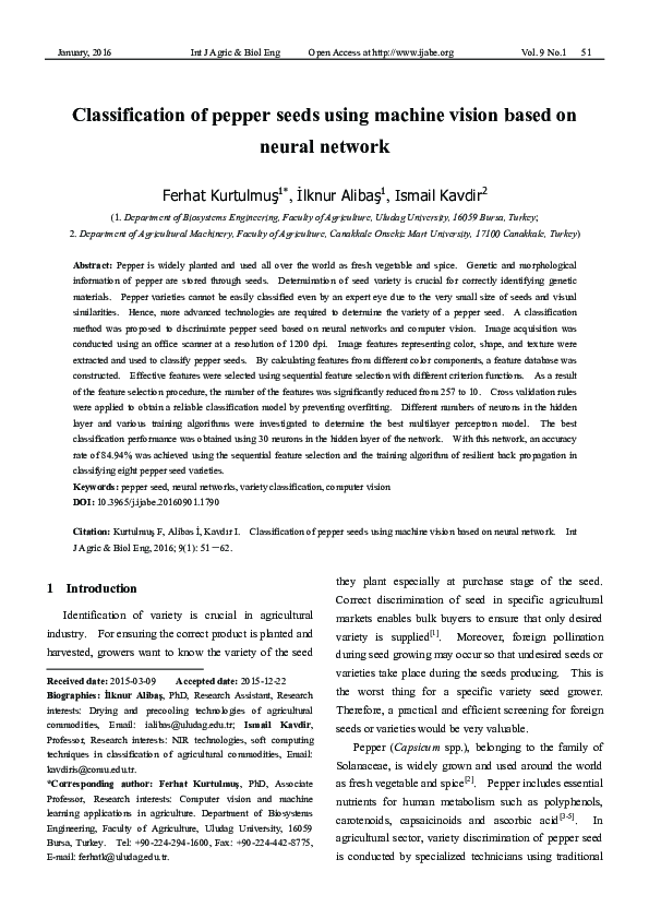 (PDF) Classification of pepper seeds using machine vision based on ...