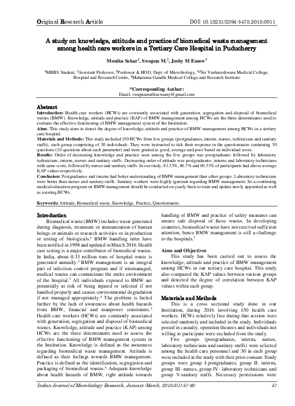 (PDF) A study on knowledge, attitude and practice of biomedical waste management among health ...