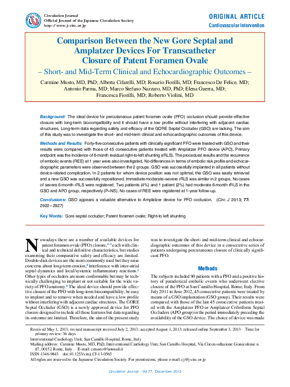 (PDF) Comparison Between the New Gore Septal and Amplatzer Devices For ...