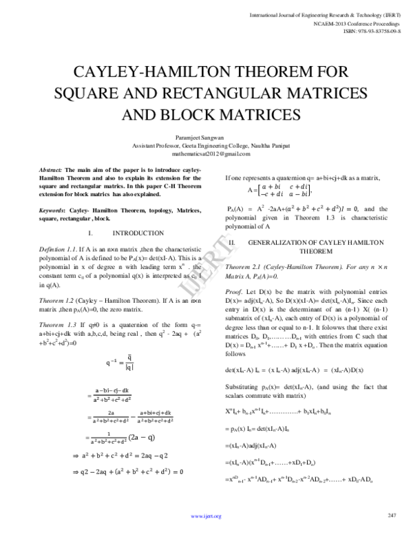 (PDF) CAYLEY-HAMILTON THEOREM for SQUARE and RECTANGULAR MATRICES and BLOCK MATRICES