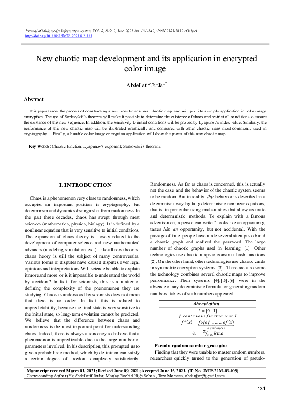 (PDF) New chaotic map development and its application in encrypted color image