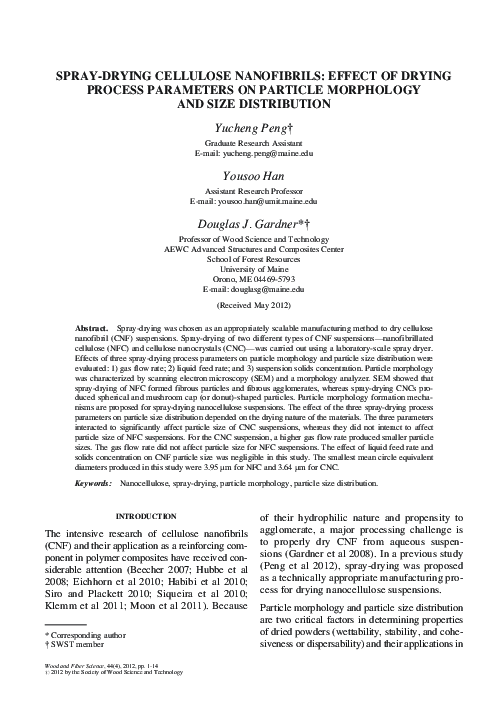 (PDF) Spray-drying cellulose nanofibrils: effect of drying process parameters on particle ...